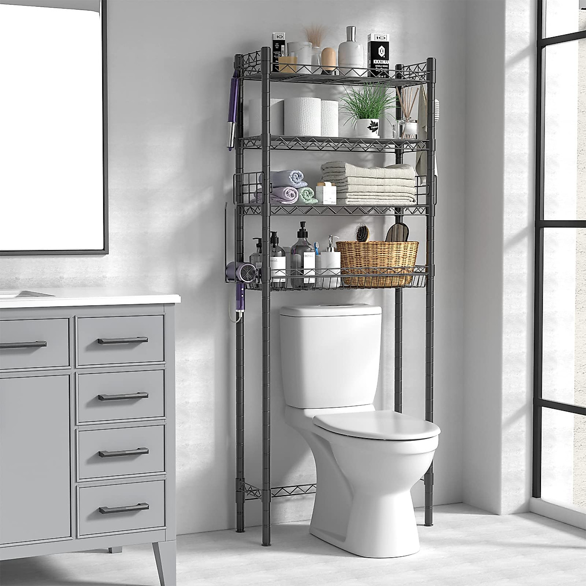 Hodonas Bathroom Organizer Over Toilet Storage, 4-Tier Toilet Shelf Bathroom Shelves Over Toilet, Above Toilet Storage Rack Bathroom Space Saver, Gray