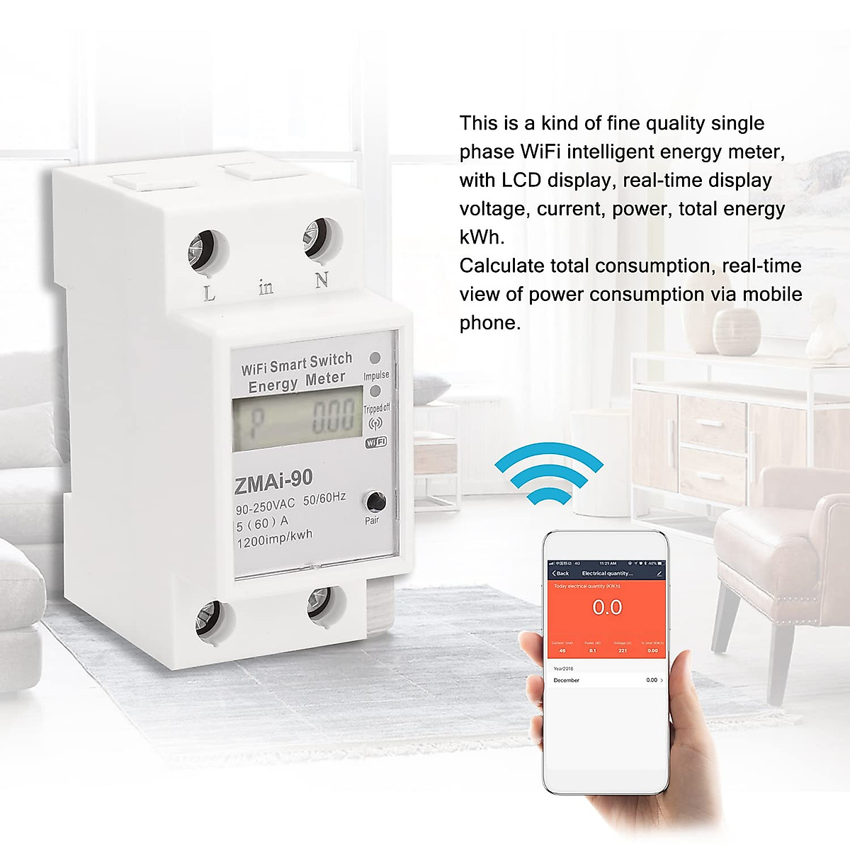 Splenssy Single-Phase Din Rail WiFi Intelligent Energy Meter Power Consumption Kwh Meter Wattmeter Support Smartlife/Tuya APP Control Compatible with Alexa and Google Home