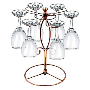 Sunnyac Scrollwork Wine Glass Rack, Elegant Freestanding Countertop Glasses Holder with 6 Hooks, Metal Stemware Storage Accessories and Wine Cup Drying Stand for Home Bar Tabletop Display (Bronze 4)