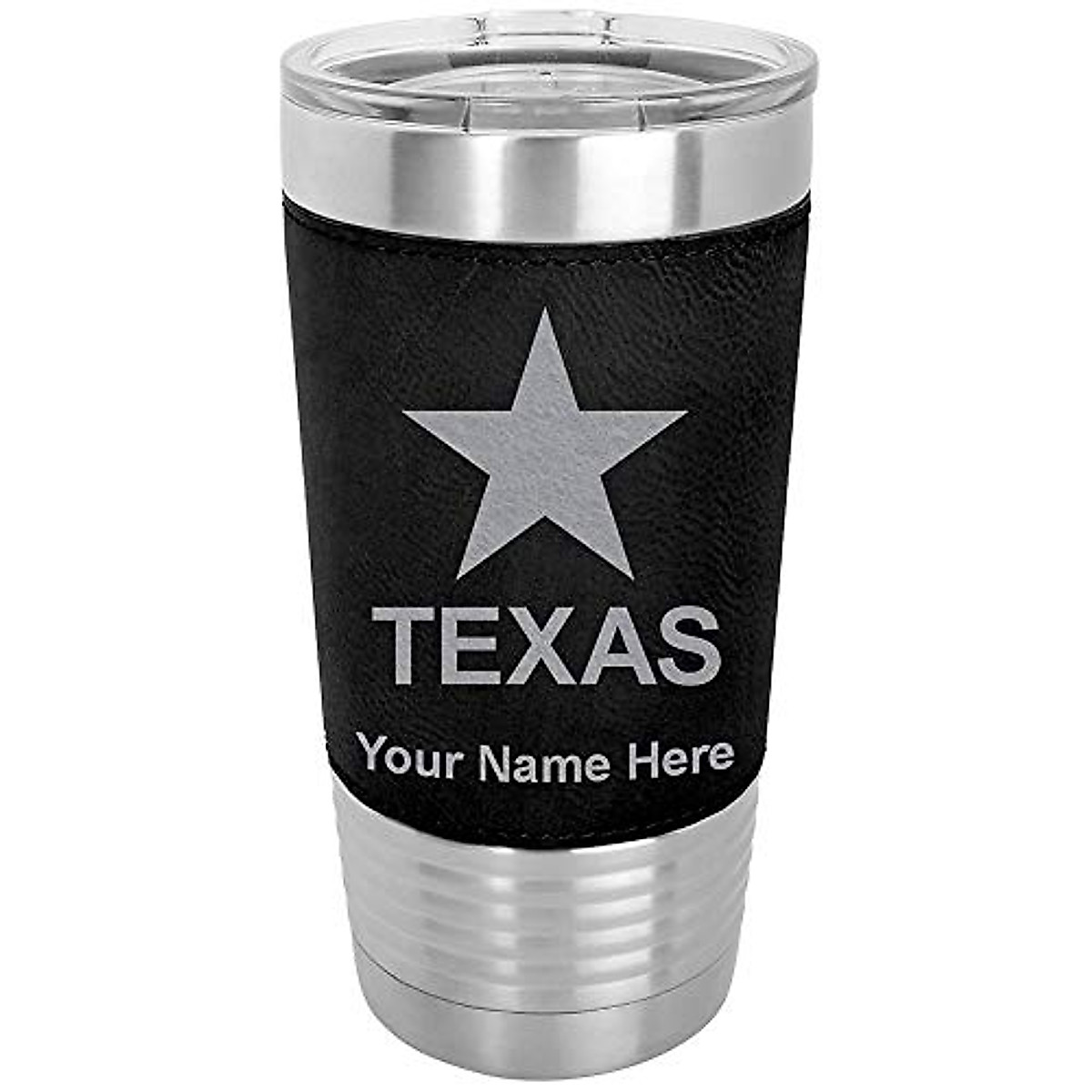 LaserGram 20oz Vacuum Insulated Tumbler Mug, Flag of Texas, Personalized Engraving Included (Faux Leather, Black)