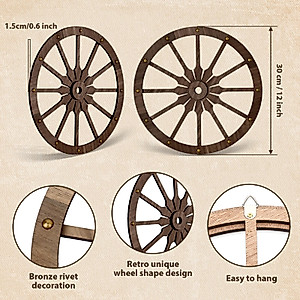 2 Pcs 12 in Farmhouse Rustic Wagon Wheel Wooden Decoration Western Cowboy Style Home Decorations with Metal Hooks 3D Structure Style (Brown 3D)