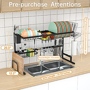 Beacron Over The Sink Dish Drying Rack, Width Adjustable(33.46''-41.33'') 2 Tier Stainless Steel Dish Drying Rack, Large Capacity Dish Rack for Counter Kitchen Storage Organizer and Space Saver