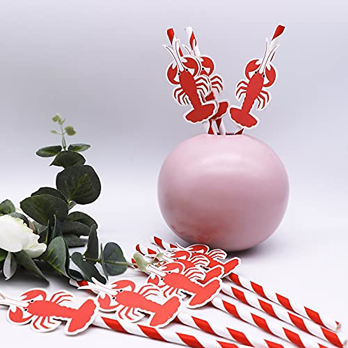 Lobster Paper Straws Decor-24 Pack of Crawfish Birthday Party or Christmas Paper Straws Supplies-Red and White Disposable Striped Paper Decorative Drinking Straws for Seafood Party Decorations