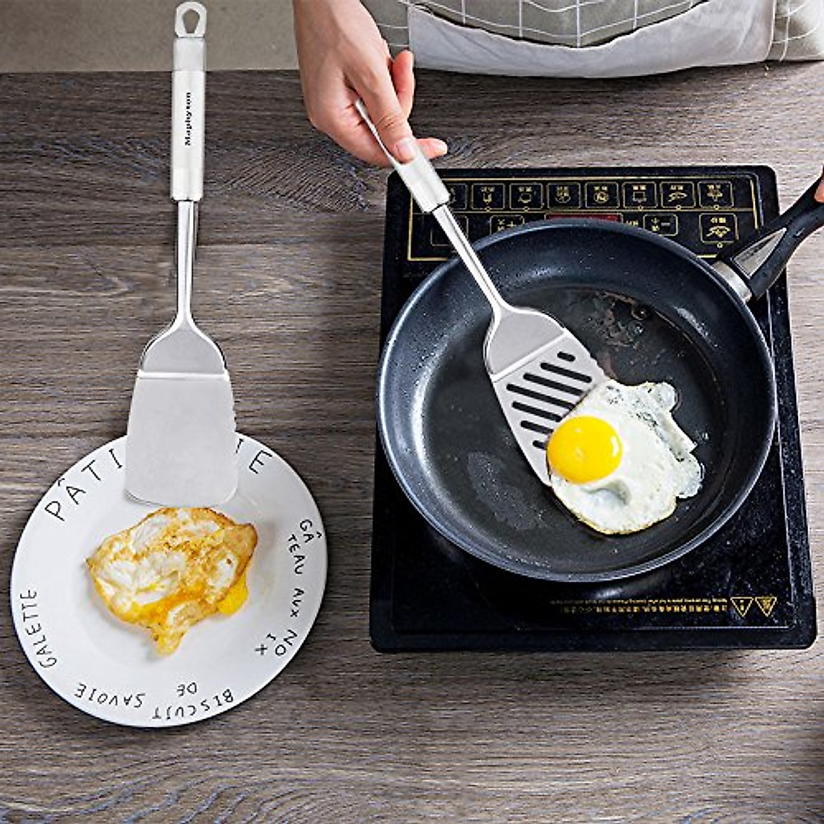 Maphyton Stainless Steel Slotted Turner Spatulas 14.9 In Metal Spatulas Turner For Kitchen Cooking Nonstick Durable Cookware Stainless Grip Meat/Egg/Beef/BBQ Turner Outdoor Grilling