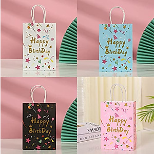 YYaaloa 28pcs Small Gift Bags with Handle Bulk 4 styles Birthday Star Print Party Favor Paper Shopping Bags for Kids Birthday Xmas Party Supplies Retail Bags (Birthday, Small 28pcs)