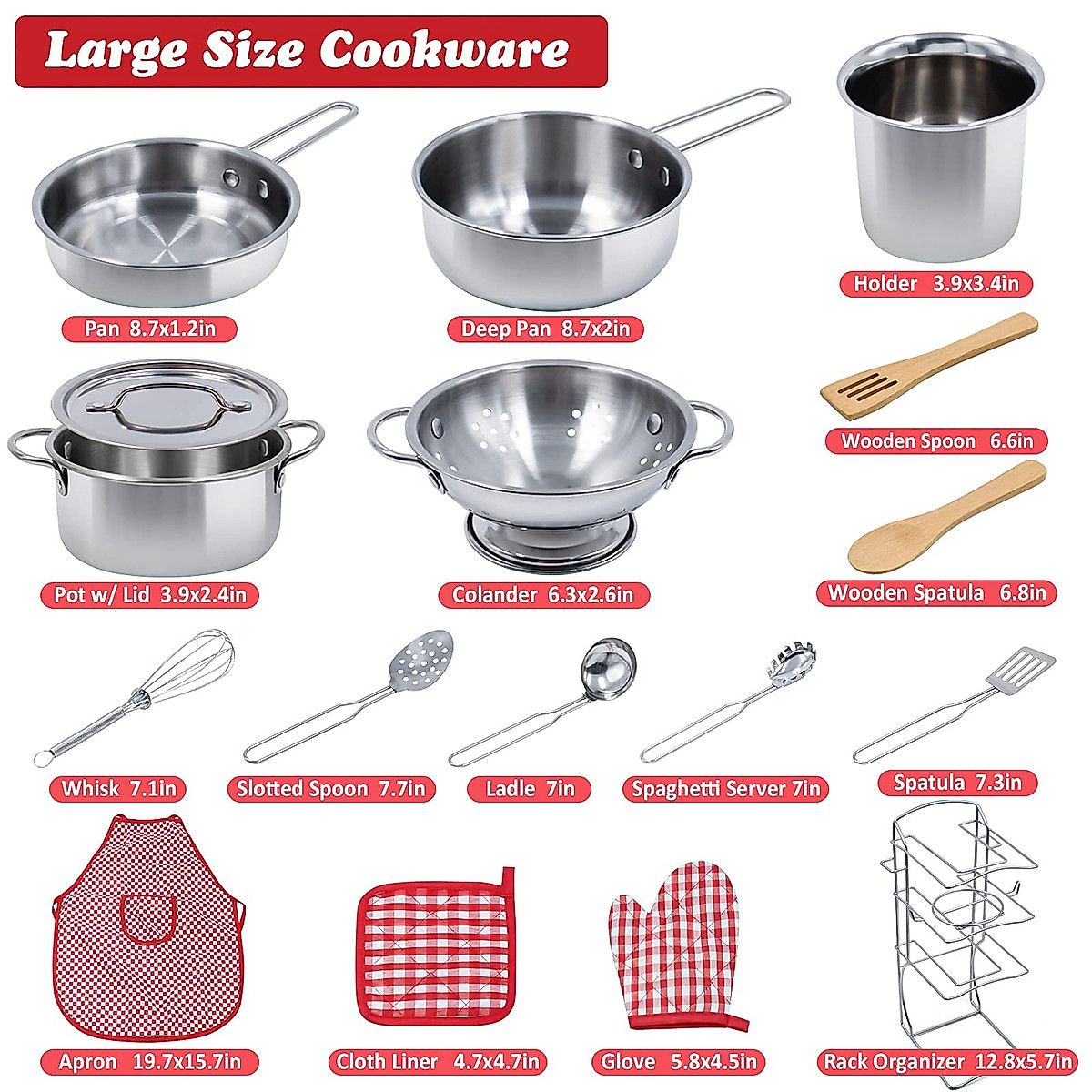 Kids Pretend Play Kitchen Toys Accessories Set, 32 Items Stainless Steel Toy Pots and Pans Sets w/ Rack Organizer, Metal Cooking Utensils & Apron, Play Food w/ Basket for Kids Girls Boys Toddlers