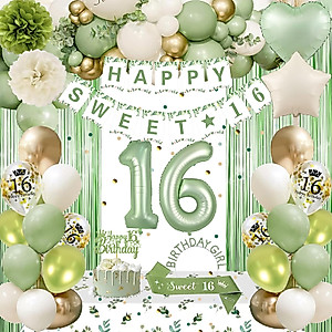 Sweet 16 Party Decorations, Sage Green 16th Birthday Decorations for Girls Sweet 16 Birthday Banner Green Gold Balloons Crown Sash Fringe Curtain Tablecloth Cake Topper for Girls 16th Birthday Decor