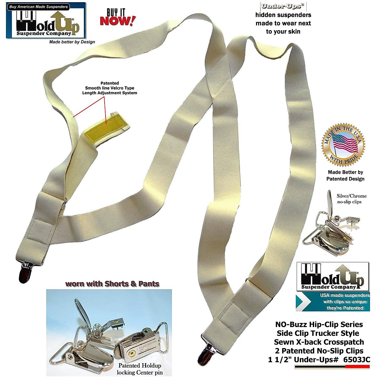 Holdup Hip-Clip Style Under-Ups Tan 1 1/2" Suspenders for Men with the USA Patented Metal "No-Slip" Clip