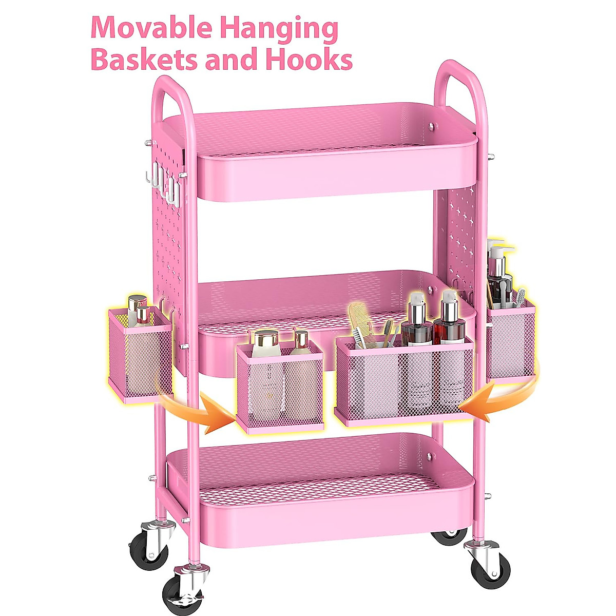 ALVOROG 3-Tier Rolling Utility Cart Movable Storage Organizer Shelves with Wheels and Hanging Cups Multifunctional Service Cart for Kitchen, Office, Coffee Bar-Black