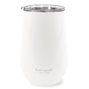kate spade new york Insulated Stainless Steel Wine Tumbler, 16 Ounce Double Wall Tumbler, Blue Stemless Travel Cup with Lid, Sunshine Floral