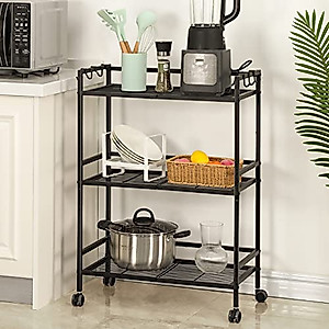 Hzuaneri 3-Tier Storage Racks - with 4 Wheels, Metal Industrial Standing Shelf Units with 6 Hooks, for Kitchen, Living Room, Bathroom, Entryway, Easy Assembly, Black SS02801B