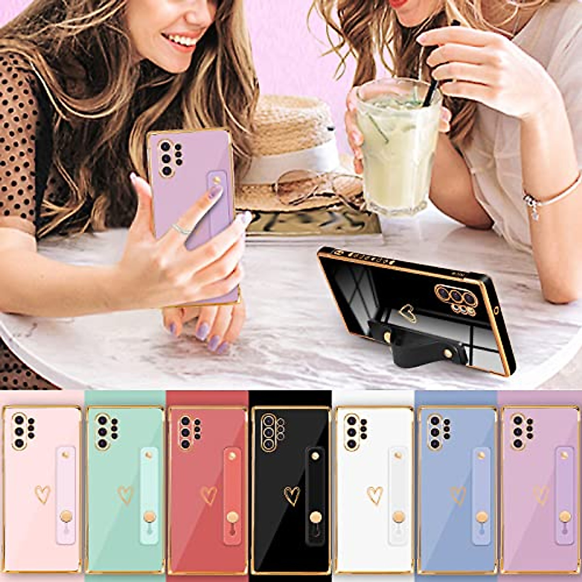 Likiyami (3in1 for Samsung Galaxy Note 10 Plus Case Heart Women Girls Cute Girly Aesthetic Trendy Luxury Pretty with Loop Phone Cases Black and Gold Plating Love Hearts Cover+Screen+Chain -6.8 inch