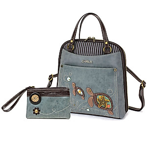 Chala Group Handbags Turtle Convertible Backpack Purse and Double Fold Wallet Bundle- Turtle Lovers, Indigo color