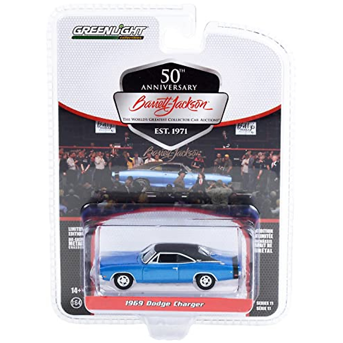 1969 Charger Blue Metallic with Black Vinyl Top and Tail Stripe (Lot #465.1) Barrett Jackson Series 11 1/64 Diecast Model Car by Greenlight 37270 B