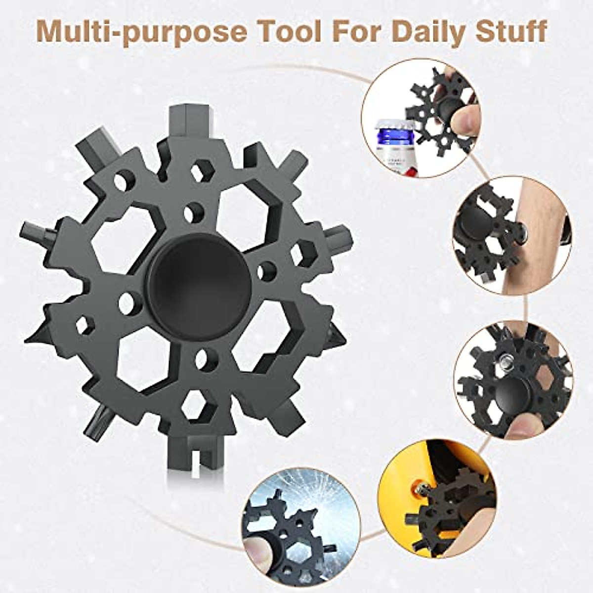 23-in-1 Snowflake Multitool, Roylvan Stainless Steel Snowflake Multi Tool Gadgets Flat Cross Screwdriver Kit Portable Outdoor Camping Bottle Opener Wrench with 2pcs Carabiners, Black