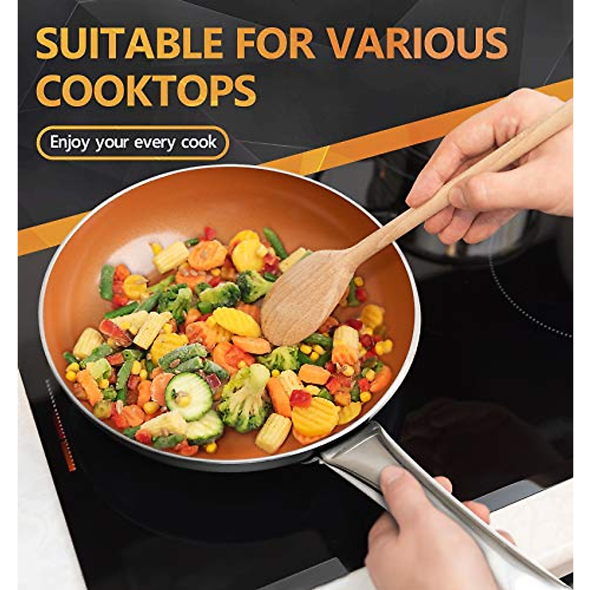 MICHELANGELO Small Frying Pan with Lid, 8 Inch Frying Pan Nonstick, Copper Frying Pan with Ceramic Coating, Small Nonstick Frying Pan, 8 Inch Copper Skillet with Lid, Small Fry Pan, 8 Inch Copper Pan