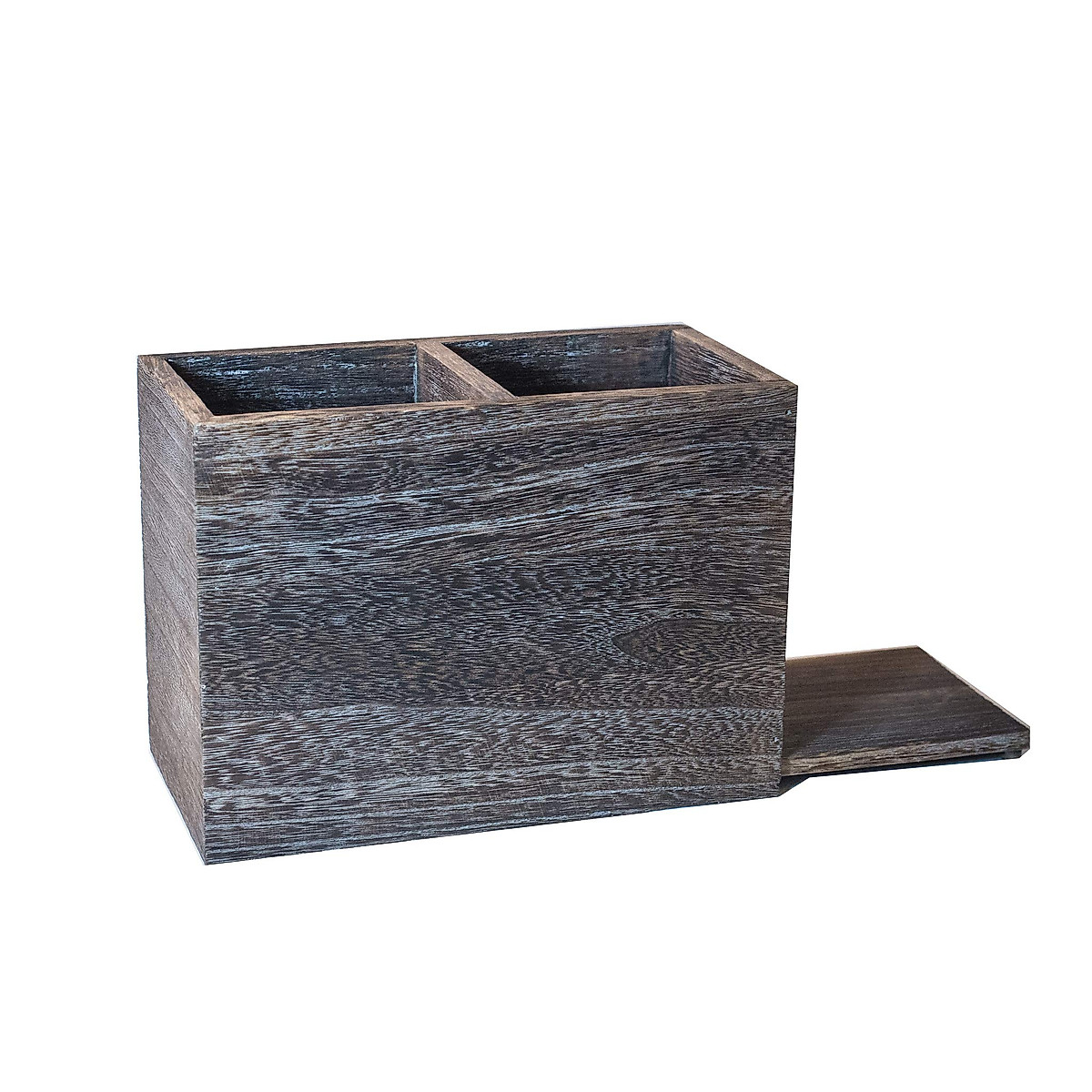 Double Torched Wood Kitchen Cooking Utensil Holder | 2 Compartment Large Caddy | Organizer Box with Slide-Out Bottom Panel by Farwood Designs