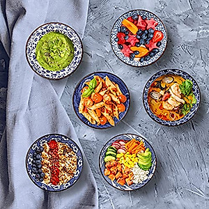 Sanbege Ceramic Rice Bowls 10 oz, Japanese Style Bowl Gift Set, Assorted Dinnerware Serving Bowls for Cereal, Soup, Dessert, Snack, Fruit, Salsa, Pack of 6 (Blue and White)