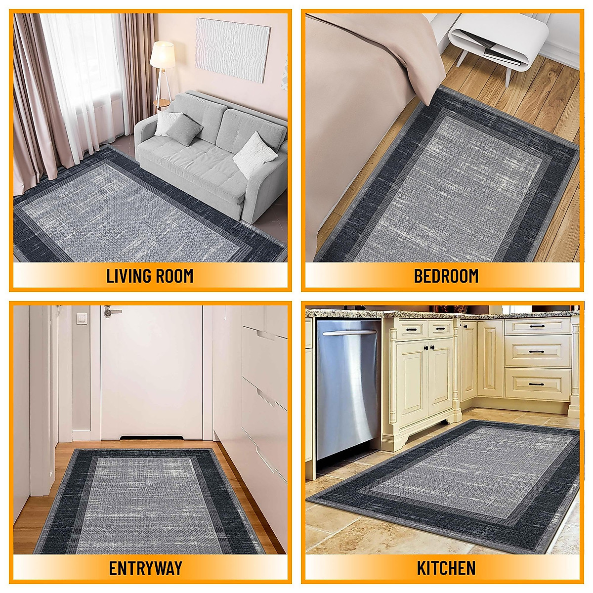 Ottomanson Ottohome Contemporary Bordered Design Rubberback Area Rug, 3'3" x 5', Gray/Navy