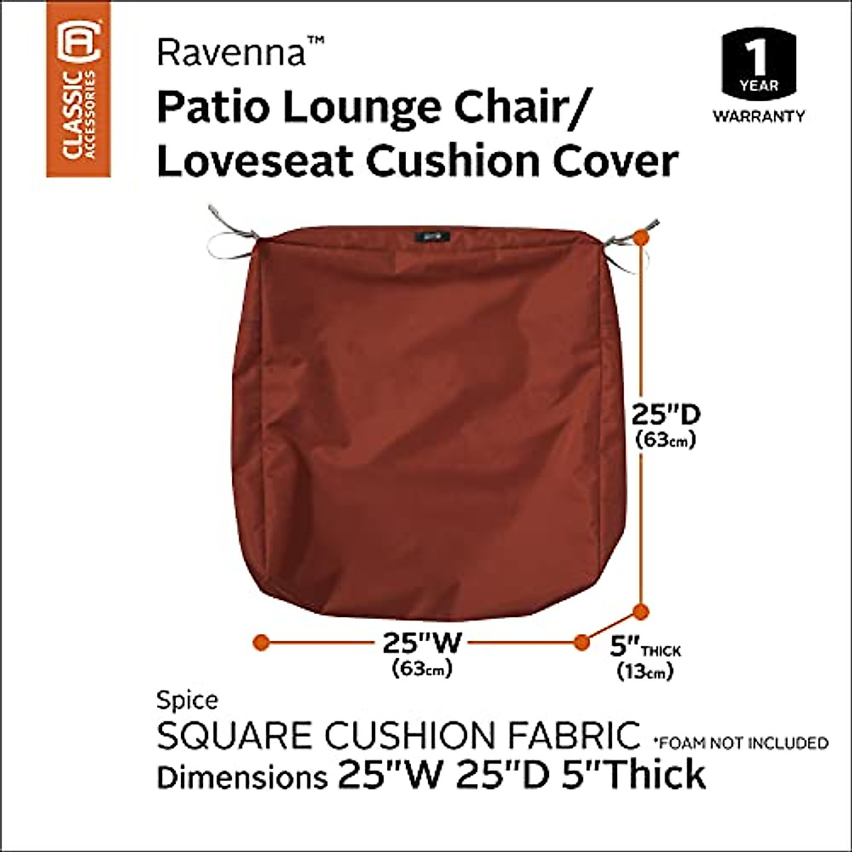 Classic Accessories Ravenna Water-Resistant Patio Lounge Chair/Loveseat Cushion Cover, 25 x 25 x 5 Inch, Spice, Patio Furniture Cushion Covers