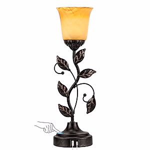 Touch Table Lamp Bedside Lamp, Nightstand Lamp with USB Charging Ports for Living Room, 3 Way Dimmable Traditional Leaf Lamp Retro Table Lamp for Bedroom with Amber Glass Lampshade (LED Bulb Included)