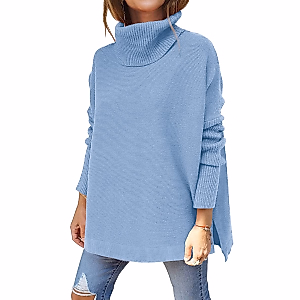 LILLUSORY Oversized Turtleneck Pullover Sweaters Womens 2024 Long Tunic Sweater Winter Trendy Casual Poncho Cowl Neck Cute Tops Dress Fall Fashion Clothes Outfits Clothing Light Blue