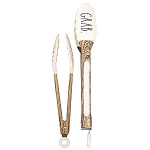 Rae Dunn Everyday Collection Stainless Steel, Beechwood - Silicone Tipped Kitchen Food BBQ and Cooking Tongs Set of Two, Non Stick Cookware, BPA Fee, Grill Tongs (White)