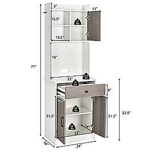 COSTWAY 71" Kitchen Buffet with Hutch, 3-Door Kitchen Pantry with Large Drawer, Adjustable Shelves, Wide Countertop, Cable Hole, Storage Cabinet for Living Room (White)