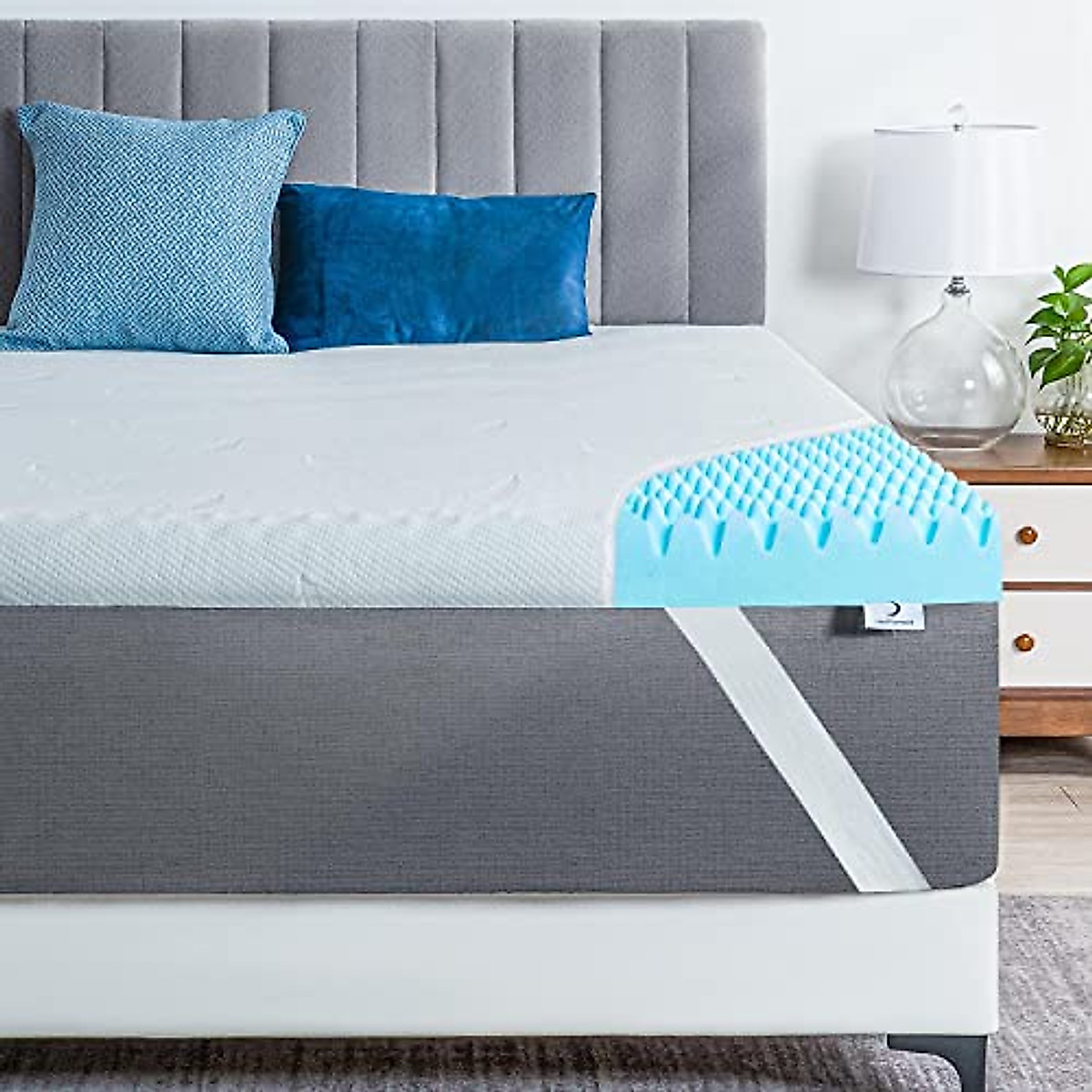 Cooling Gel Mattress Topper Queen, 3 Inch Memory Foam Mattress Topper, Marine Moon Soft Egg Crate Bed Topper, High-Density & Breathable Pad with Removable Cover