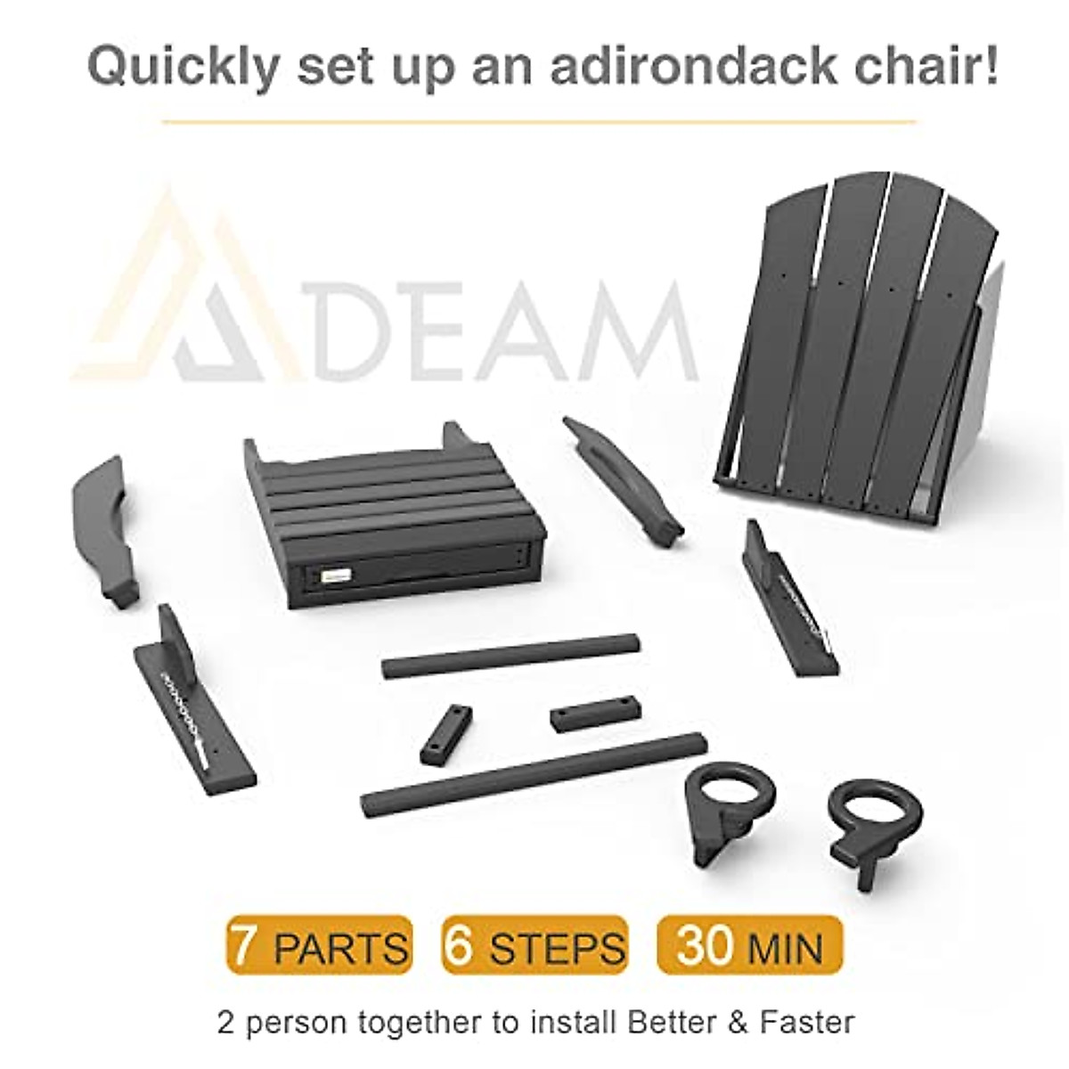 Mdeam Folding Adirondack Chair Lawn Outdoor Fire Pit Chairs Weather Resistant with 2 Cup Holder/Adirondack Retractable Ottoman（Black）