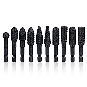 Mesee 10 Pieces Rotary Burr Rasp Set, 1/4 Inch Hex Shank Quick Change Wood Carving Drill Bits Carbon Steel File Rasp DIY Woodworking Tool for Wood Plastic Engraving Polishing Grinding