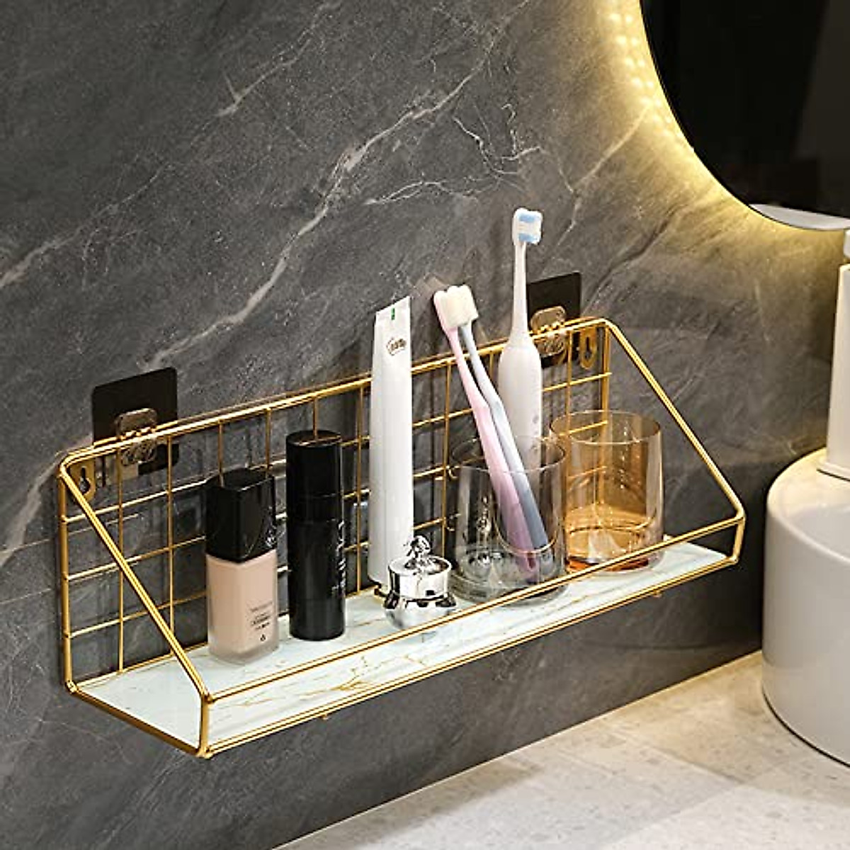 Shower Bathroom Caddy Gold Rust Proof No Drill Bottle Holder Adhesive Basket Organizer Wall Mount for College Gold white
