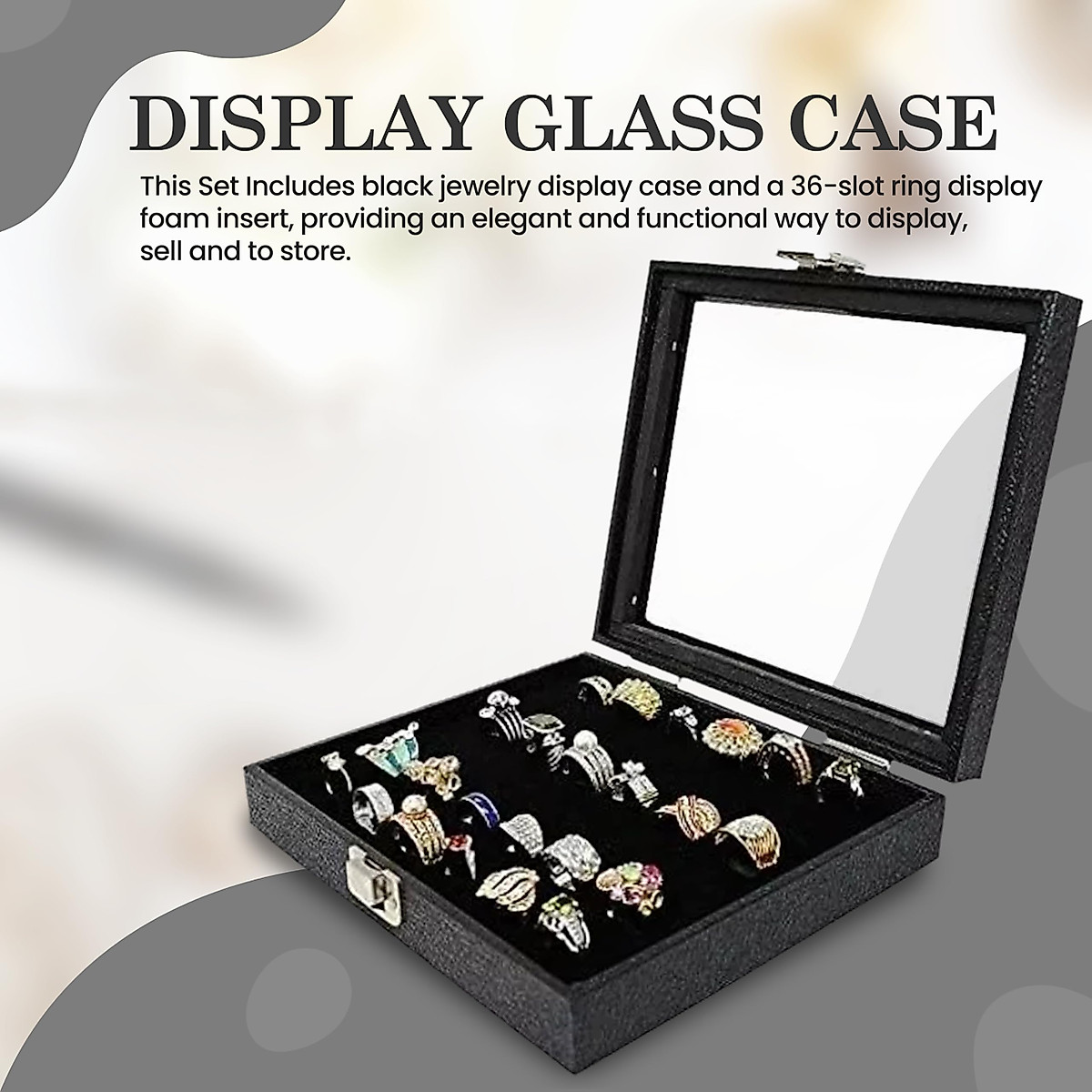 Novel Box Ring Display Glass Case Black 8.25x7.25x2 Inches with 36-Slot Black Ring Foam Insert - Travel Ring Case with Metal Clasp - Jewelry Box to Keep Rings Dust Free & Secure