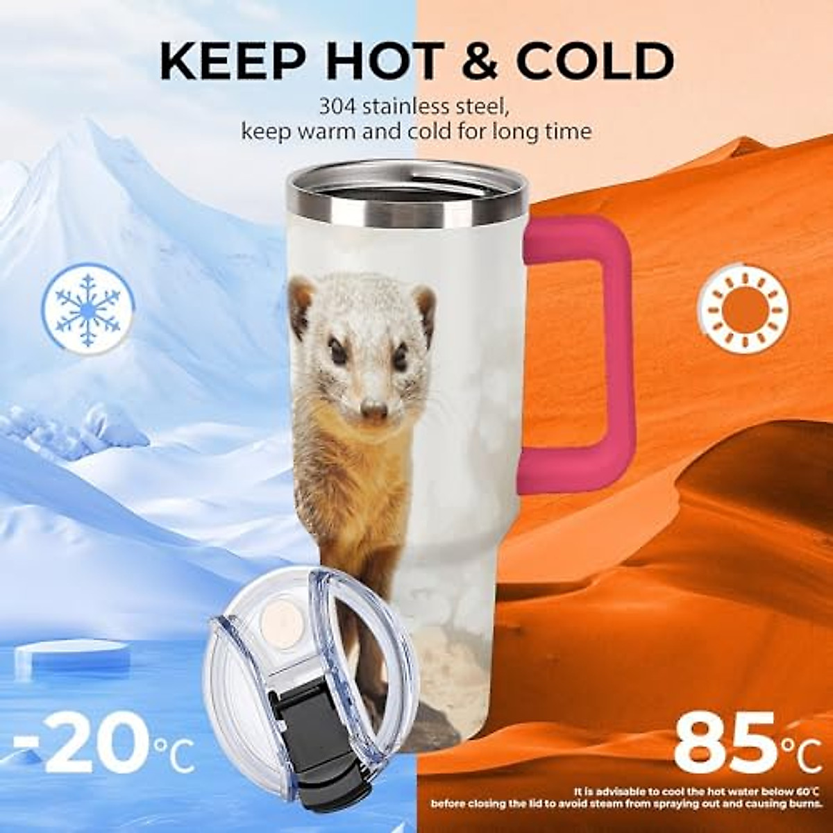 LLUTSNTH 40 Oz Vacuum Tumbler with Light Rose Red Handle Leakproof Insulated Tumbler Wild Meerkats Stainless Steel Travel Mug with Lid And Straw Coffee Cup Cute Water Bottles Cup Holder Friendly