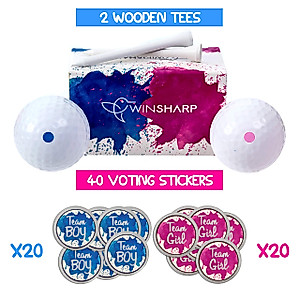 Winsharp Gender Reveal Golf Balls Exploding Golf Ball Set - 2 Balls - 1 Pink & Blue Plus Golf Tees and 20 Pink and 20 Blue Baby Gender Voting Stickers Gender Reveal Decoration Ideas Golf Theme