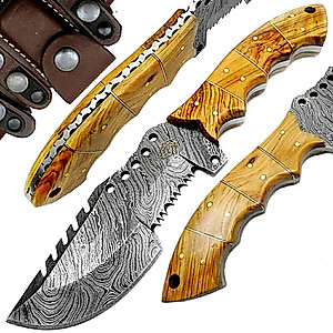 Best.Buy.Damascus1 Olive Wood 9.5'' Tracker Fixed Blade Handmade Damascus Steel Hunting Knife With Prime Quality