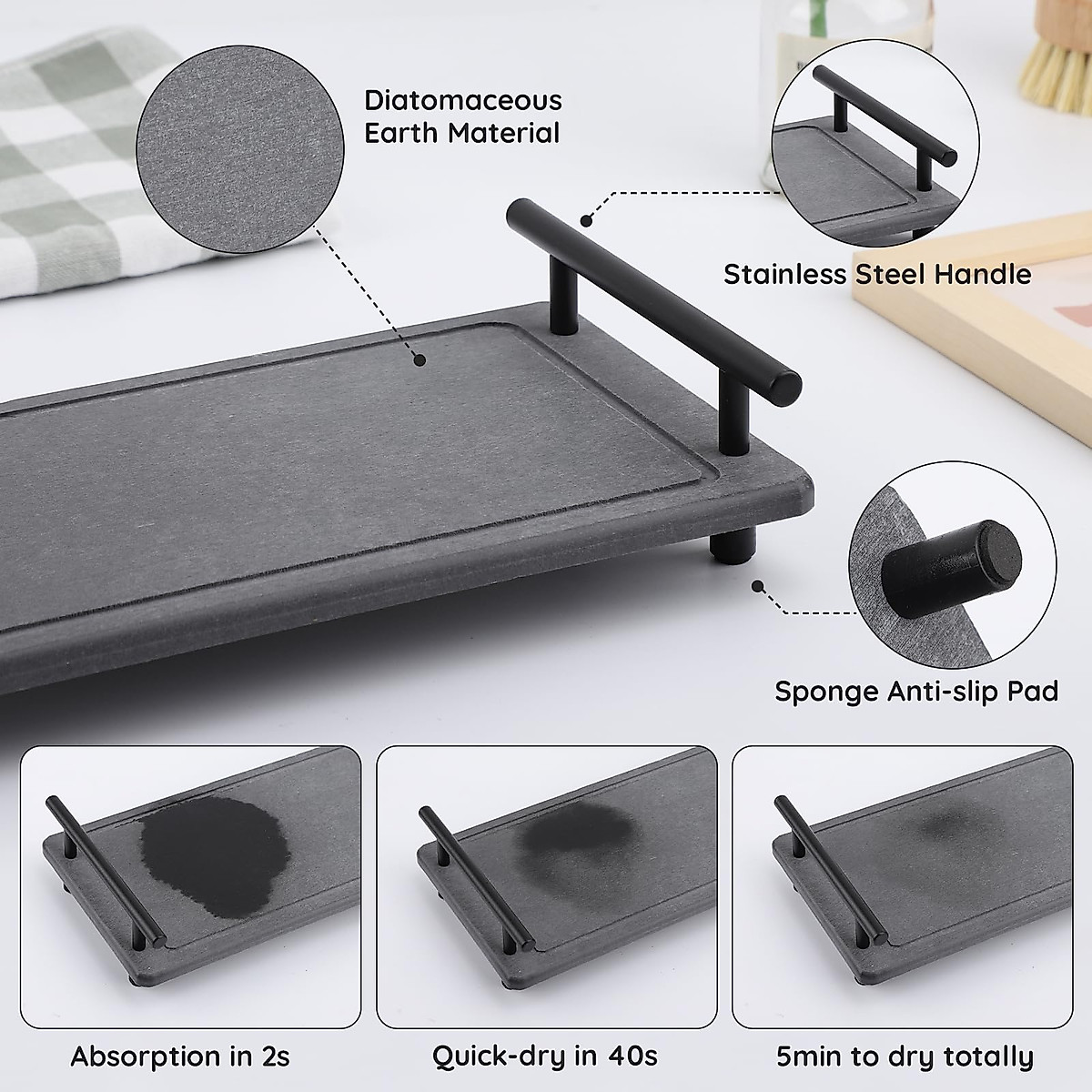 Segbeauty Vanity Tray Large, Instant Stone Drying Tray for Bathroom Kitchen, Diatomaceous Tray Fast Dry Stone Drying Mat for Kitchen Counter Bathroom Counter Tray Soap Organizer Mat with Handle