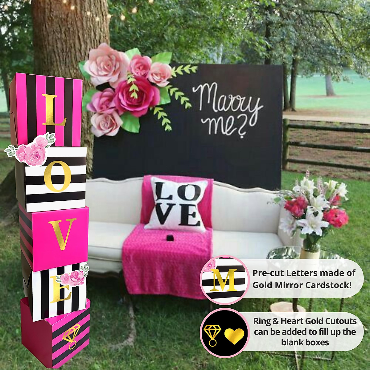Hot Pink Party Decorations for Birthday, Bachelorette, Bridal or Baby Shower - 5 Boxes Blocks, 52 PC Letters for Custom NAME and 6 Flower Cutouts. Pink Rose Black White - Kate Spade Inspired