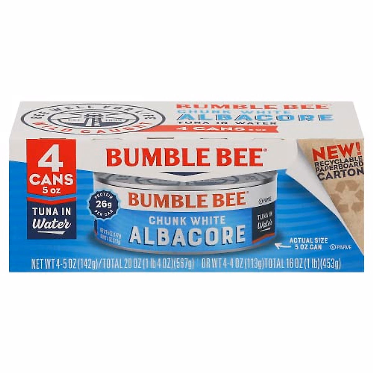 Bumble Bee Chunk White Albacore Tuna in Water, 5 oz Cans (Pack of 4) - Wild Caught Tuna - 20g Protein per Serving - Non-GMO Project Verified, Gluten Free, Kosher - Great for Tuna Salad & Recipes