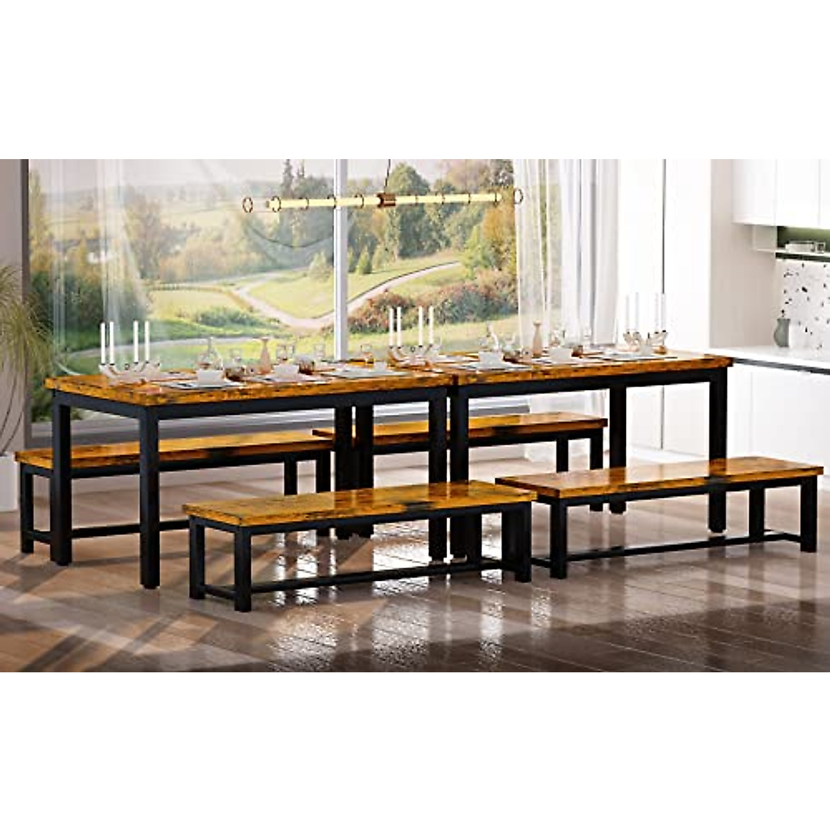 AWQM 43.3" Dining Table Set for 4, Kitchen Dining Table with 2 Benches, Dining Room Table Set with Metal Frame & Thickened Board for Kitchen, Restaurant, Rustic Brown