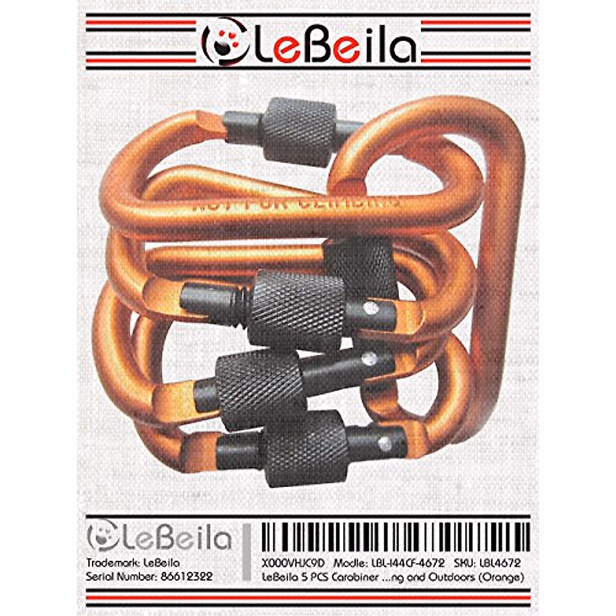 LeBeila 5 PCS Carabiner Climbing D Ring Keychain with Clip Durable Heavy Duty Aluminum Screw Locking Hooks for Hiking, Fishing and Outdoors (Orange)