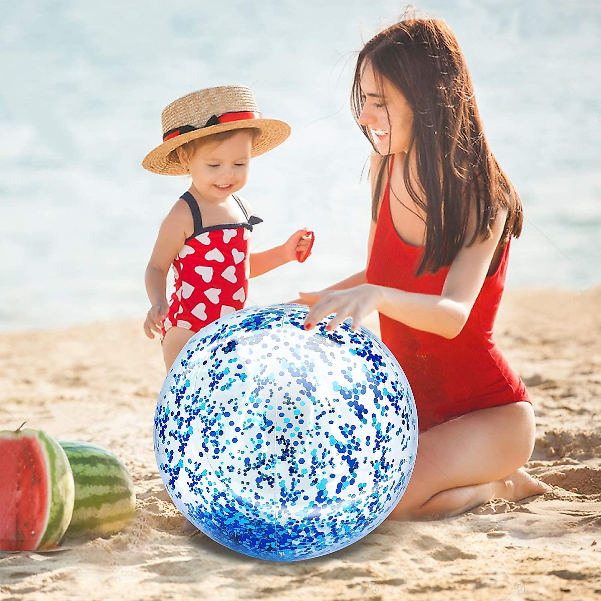 TURNMEON 5 Pack Sequins Beach Ball Jumbo Pool Toys Balls 16 Inch 24 Inch Giant Confetti Glitters Inflatable Clear Beach Ball Swimming Pool Water Beach Toys Outdoor Summer Party Favors for Kids Adults