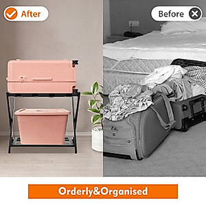 KONGKUNI 2-layer Luggage Rack for Guest Room, Foldable Suitcase Stands, Bamboo Luggage Holder with Storage Shelf, for Guest Room, Bedroom, Hotel,Holds up to 220 lb,Black