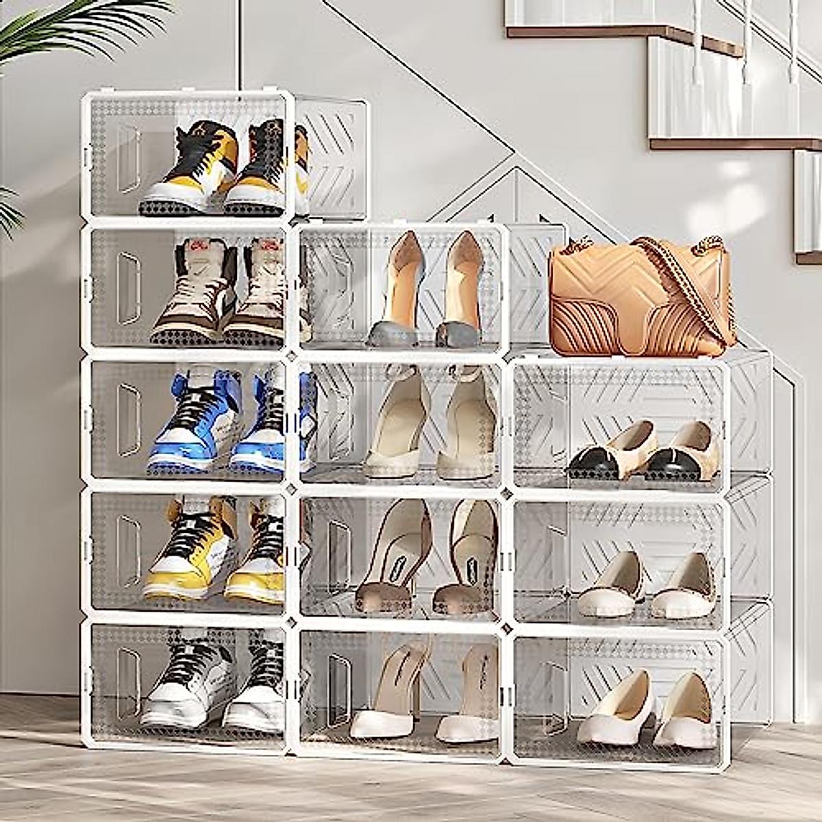 JOISCOPE 12 Pack Shoe Storage Boxes, Fit up to US Size 10, Clear PP Plastic Stackable Shoe Organizer for Closet, Space Saving Foldable Shoe Container Bins, for Entryway, White