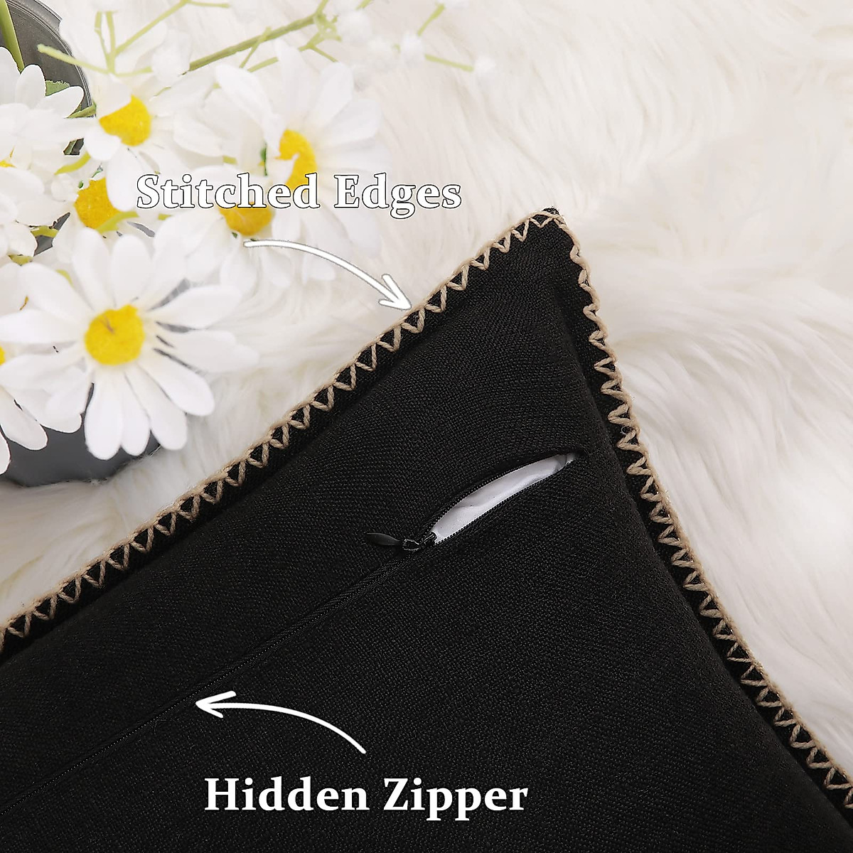 decorUhome Decorative Outdoor Throw Pillow Covers 18x18 Set of 2, Square Linen Rustic Farmhouse Pillow Covers with Stitched Edge for Couch, Sofa, Living Room, Black