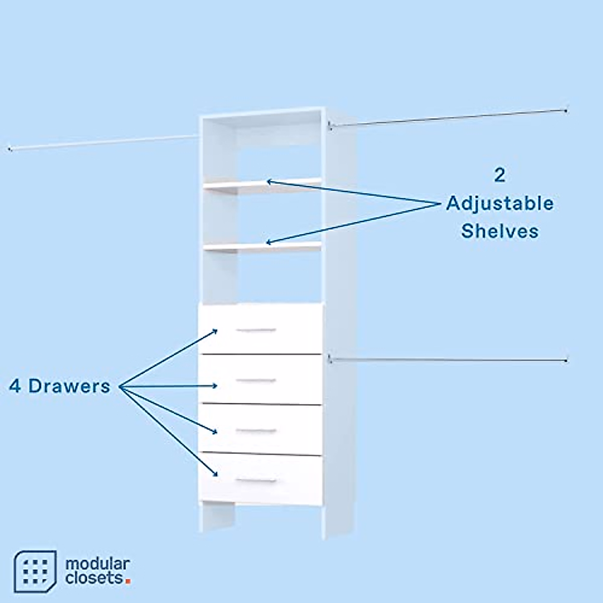 MC Modular Closets Closet Shelves Tower With Hanging Kit - Built In Organizer System Corner Organizers And Storage Shelves Shelving Expands From 52'' 120'' (EXTW-AS-25.5) (Shelves and Drawers), White