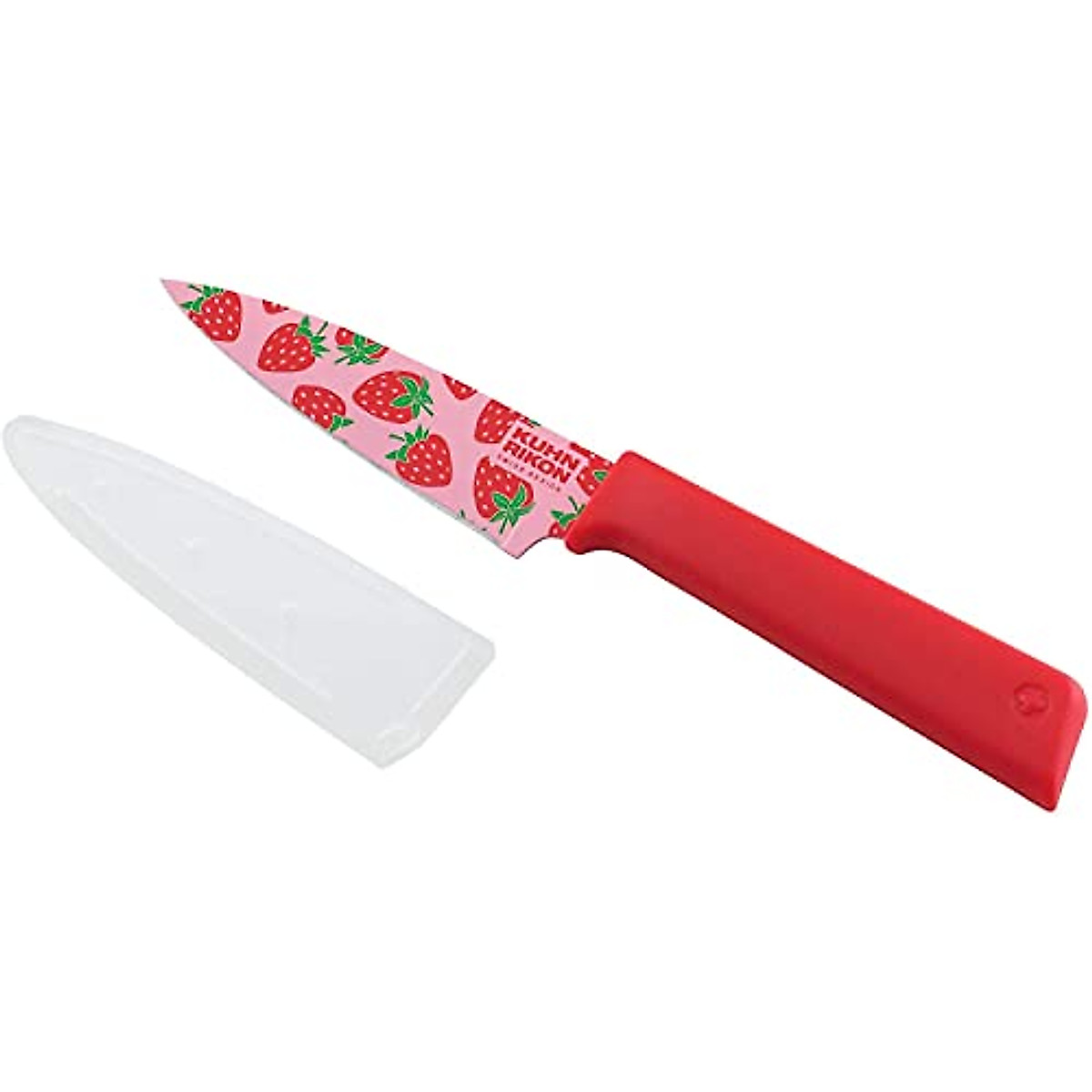 KUHN RIKON Colori+ Non-Stick Straight Paring Knife with Safety Sheath, 4 inch/10.16 cm Blade, Funky Fruit Strawberry