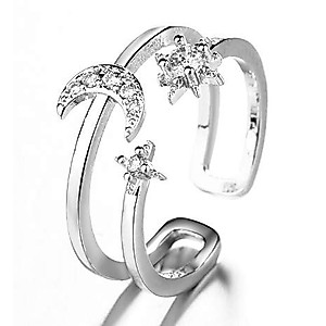 Tafeily 925 Sterling Silver CZ Sun Moon Star Rings for Women and Girls Men Open Rings Adjustable Rings