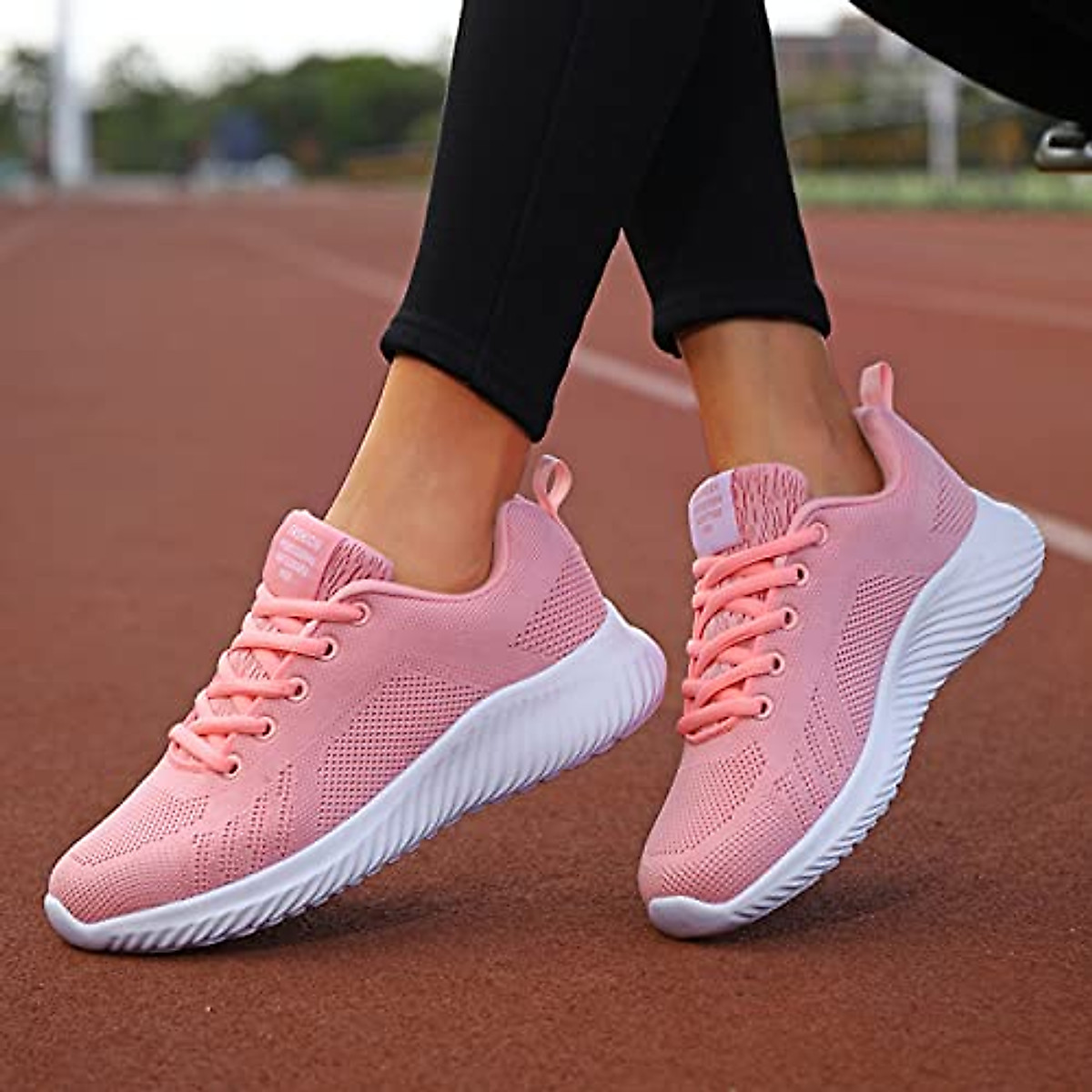 Women's Breathable Sneakers Fashion Solid Color Lace-up Steel Toe Running Shoes Lightweight Soft Sole Athletic Tennis Shoes Pink