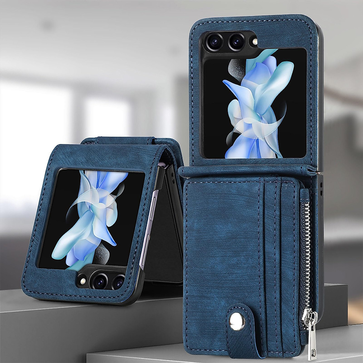 TopFunny Cases for Galaxy Z Flip 5 Wallet Case with Card Holder Retro 2 in 1 Detachable Zipper Flip Wallet Kickstand Premium PU Leather Protective Phone Cover for Samsung Galaxy Z Flip 5 5G 2023 Blue